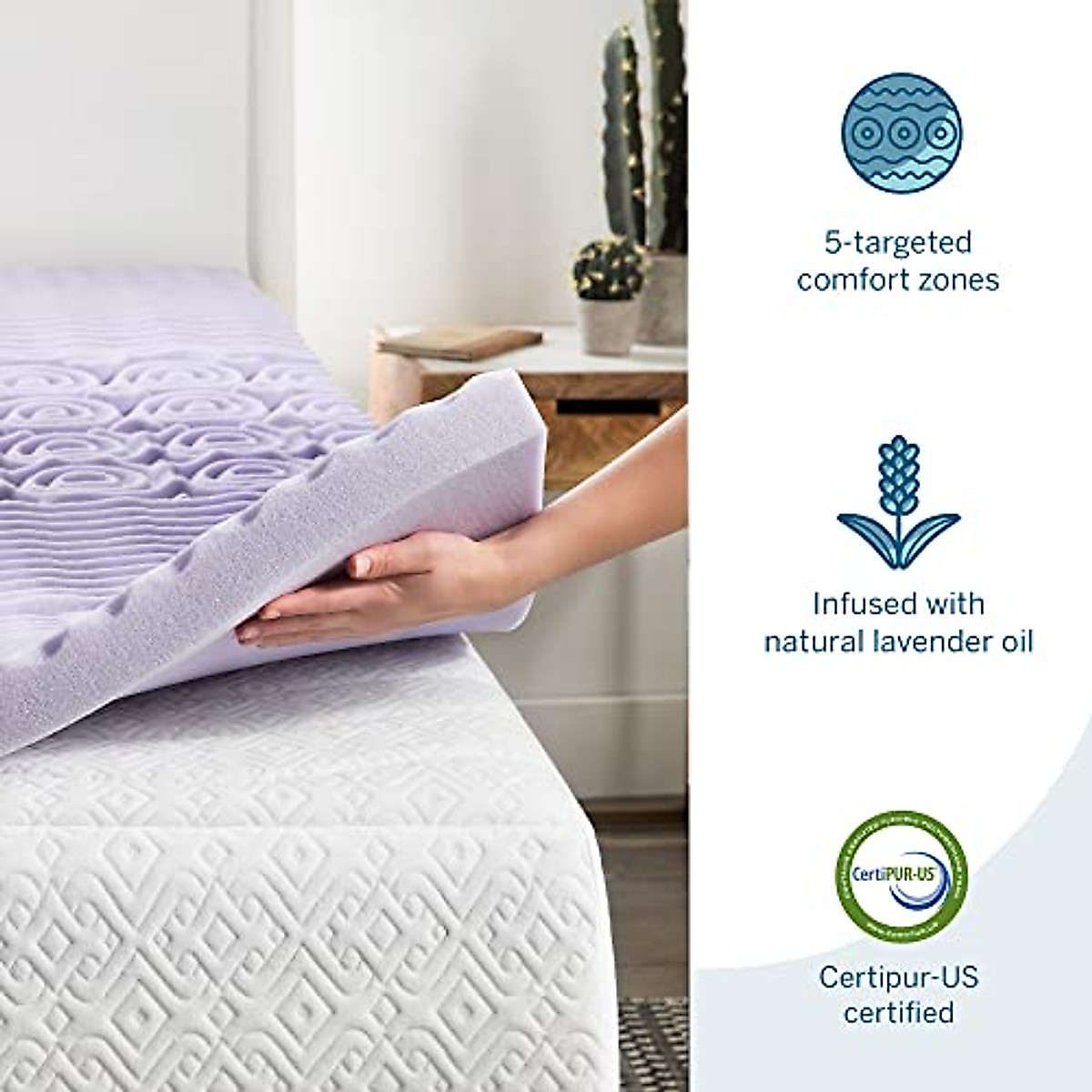 Lucid 2 Inch Mattress Topper King – Memory Foam Mattress Topper King – 5 Zone Lavender Infusion – CertiPur Certified Foam