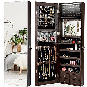 CHARMAID LED Strip Jewelry Armoire with 47.2" H Full Length Mirror, Wall/Door Mounted Jewelry Organizer with Built-in Mirror, Flip-over Cosmetic Tray, 4 Drawers, Large Storage Jewelry Cabinet (Coffee)