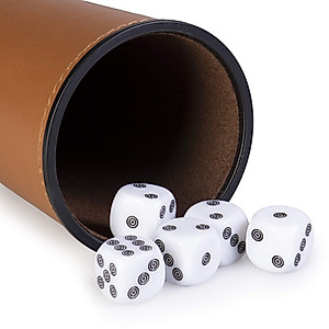 5 Leather Dice Cups and 25 Bullseye Dice by Bullseye Game Night | Classic Dice for Farkle, Liar's Dice, Bunco | Brown