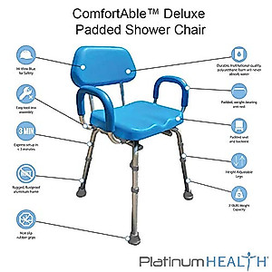 Padded Shower Chair and Bath Chair with Armrests and Back, Comfortable Deluxe Shower Chair for Inside Shower and Bathtub for Elderly and Seniors Safety, Adjustable Height, Institutional Quality, Blue