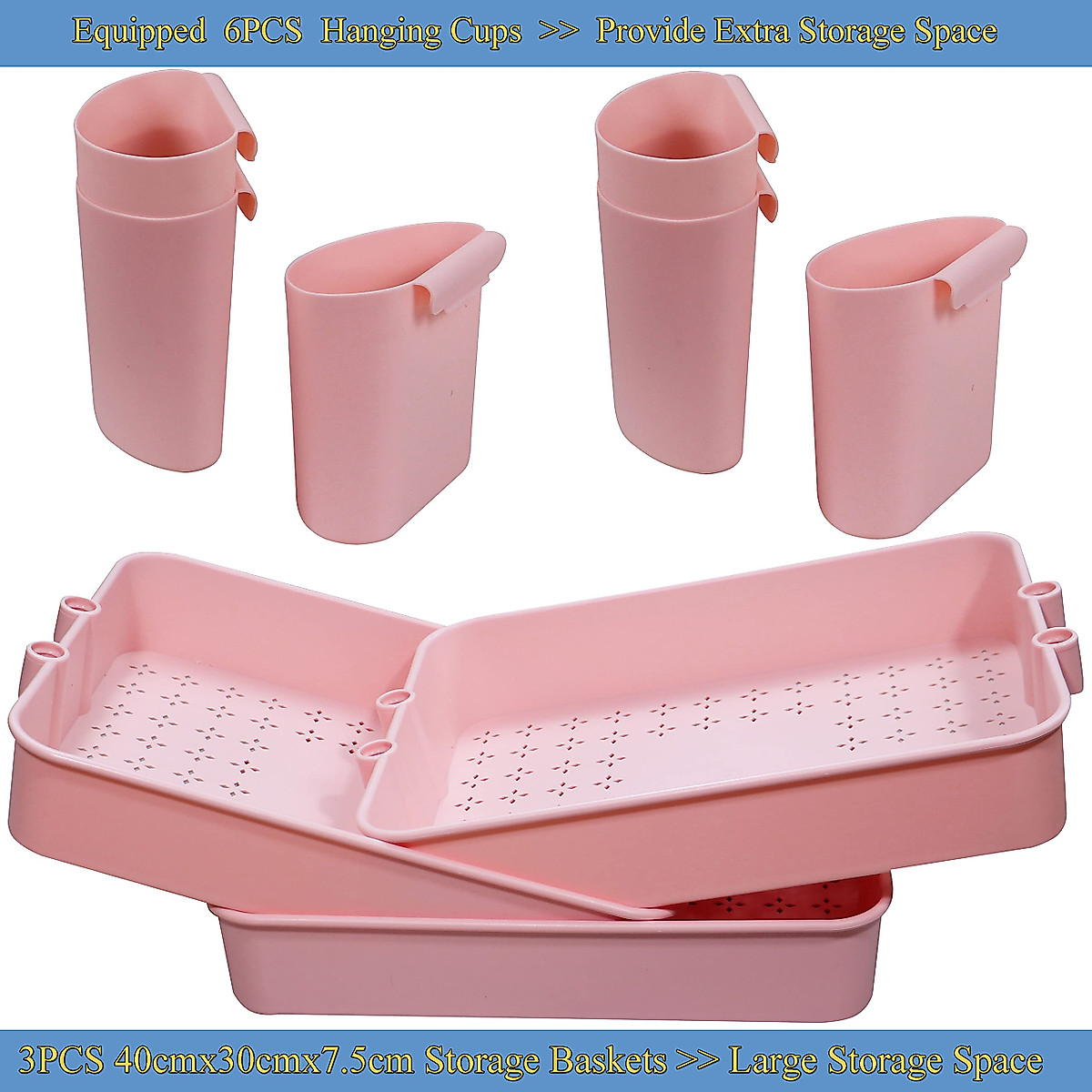 Piowio 3 Tier Utility Storage Cart Rolling Cart Organizer Shelf with 6PCS Hanging Cups for Home Kitchen Office Storage (Pink)