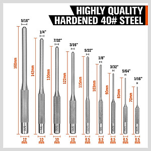 9-Piece Roll Pin Punch Set - Fast Pin Removal - Durable Steel & Construction - For Automotive, Firearm Maintenance, Gunsmithing, Watch, Jewelry & Craft Repair - Knurled Grip - Versatile Sizes