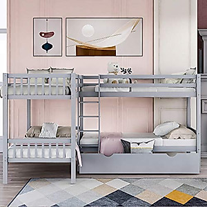 TARTOP L-Shaped Bunk Beds for 4,Solid Wood Bunk Bed Frame with 3 Storage Drawers,Twin Over Twin Size Corner Bunk Bed,Wood Quad Bunk Beds Frame for Kids Teens Girls Boys,Gray