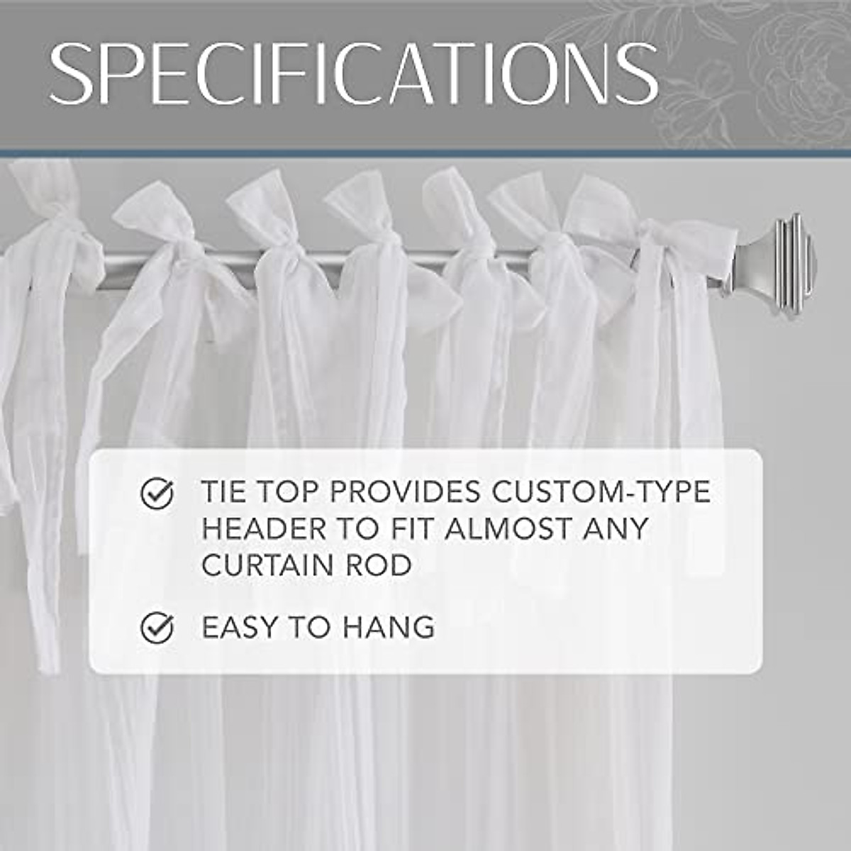 Elrene Home Fashions Jolie Crushed Semi-Sheer Window Curtain, Adjustable Tie-Top Single Panel, 52" x 108" (1 Panel), White