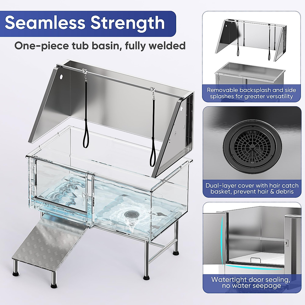 Flying Pig 50" Stainless Steel Pet Dog Grooming Bath Tub with Walk-in Ramp & Accessories (Left Door/Right Drain)