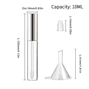 GTHER 10PCS 10ML Empty Lip Gloss Containers Tube with Wand, Refillable Lip Balm Bottles, Lipstick Sample Container and Funnel and Rubber Stoppers for Girls DIY Lip Samples, Silver Top