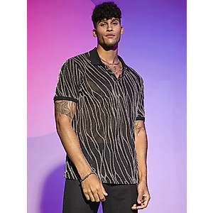 WDIRARA Men's Marble Print Glitter Mesh Sheer Collared Short Sleeve Tee Top Striped Party T Shirt Multicolor S