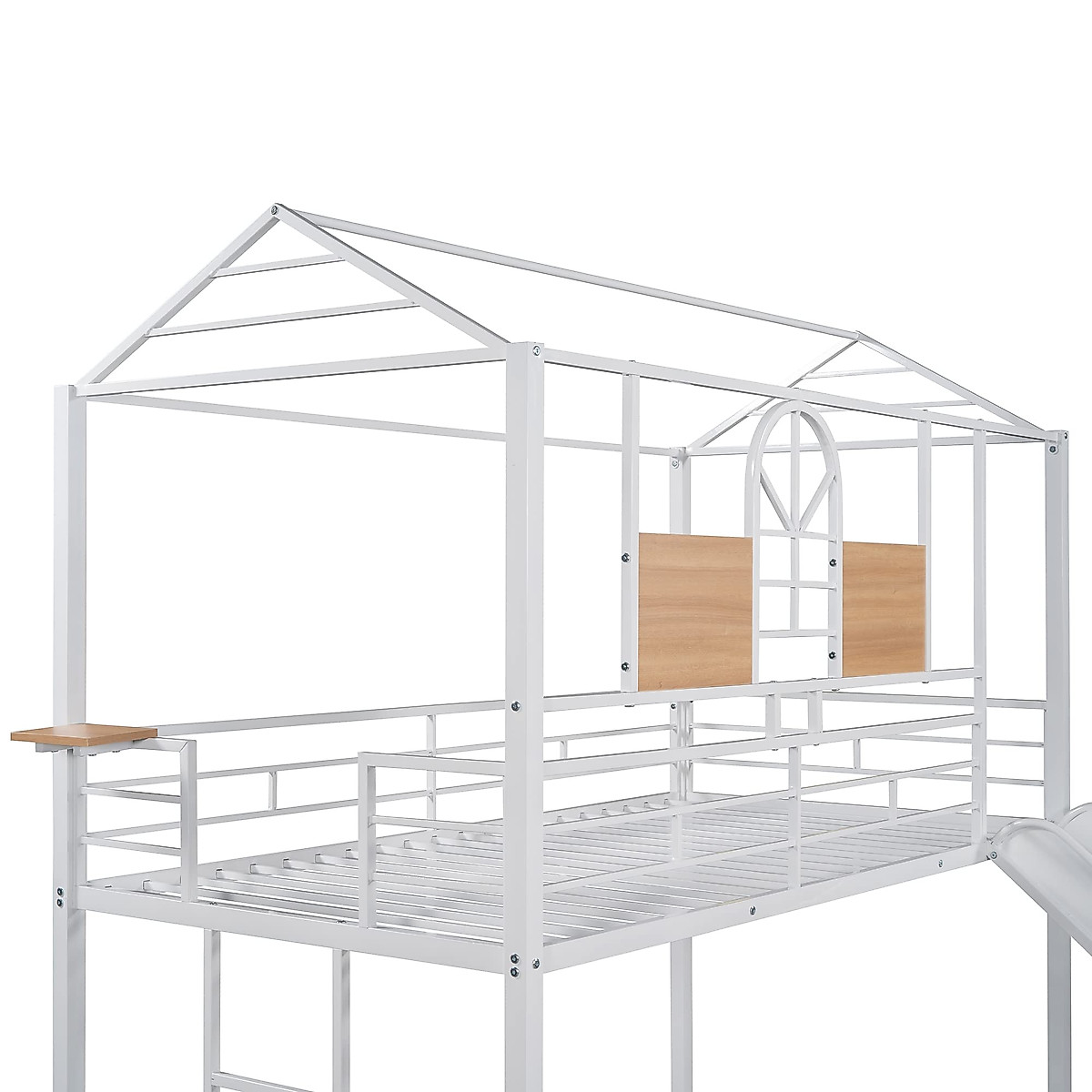 Bellemave Twin Over Twin Metal Bunk Bed with Slide, House Bunk Bed with Roof and Guardrails for Kids, Teens, Girls, Boys (White)