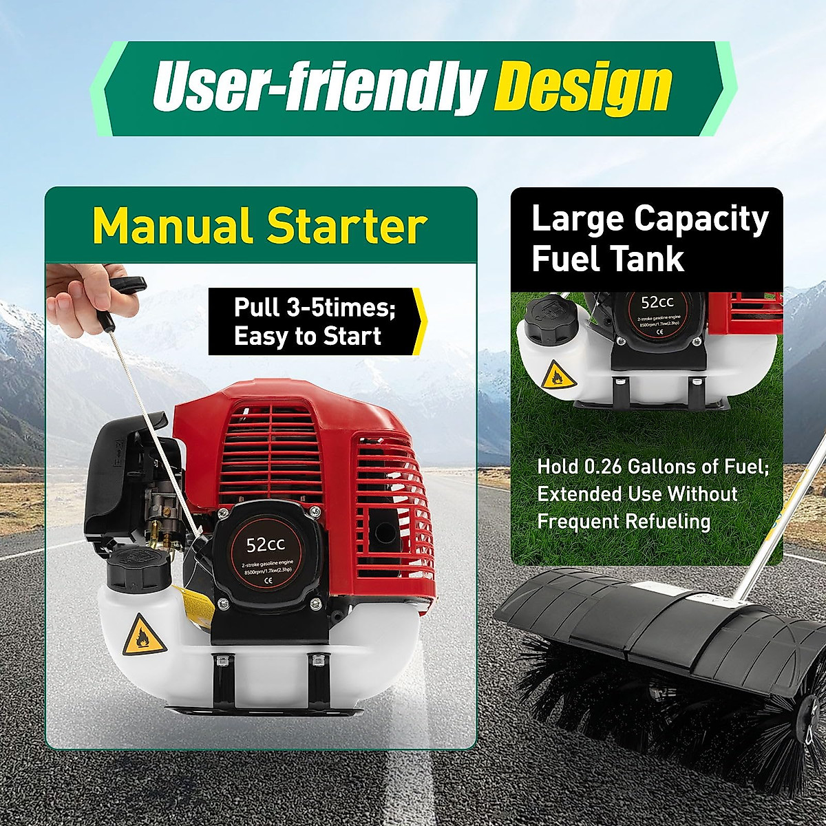 2-Stroke 52CC Handheld Sweeper Engine Power Sweeping Broom 23" Brush Head Artificial Grass Brush Power Broom Powerful Brush Lawn Sweeper Cleaner Tools