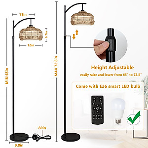 LAMSU Arc Floor Lamp with Remote Control, Boho Rattan Floor Lamps, Dimmable Farmhouse Standing Lamp with Bulb, Rattan Fabric Double Shades, Rustic Adjustable Tall Lamps for Living Room Bedroom Office