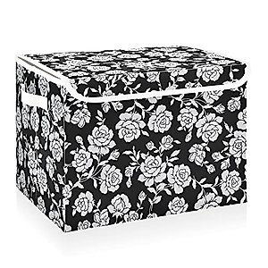 CaTaKu Black Rose Boho Storage Bins with Lids Fabric Large Storage Container Cube Basket with Handle Decorative Storage Boxes for Organizing Clothes Shelves