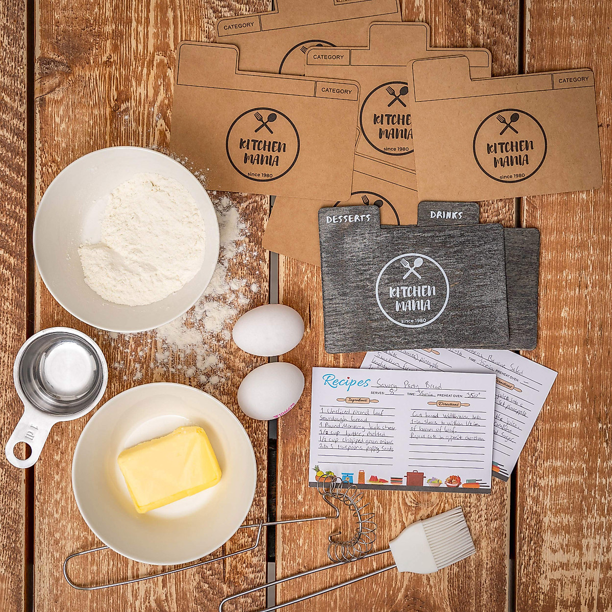 KitchenMania Wood Recipe Box with Cards,Wood Dividers 4x6 Vintage Style Set,100 Double Sided Recipe Cards,100 Recipe Card Protectors, Gift for Grandma Mom Women Wedding Bridal Shower Rustic Black