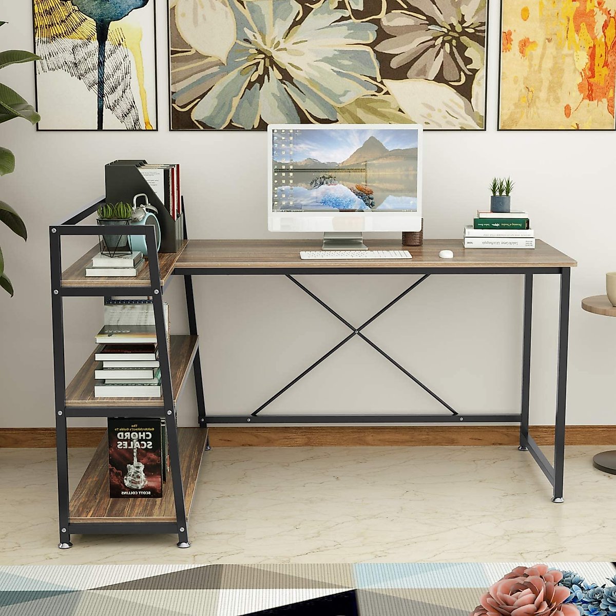Cyfie L-Shaped Computer Desk with Bookshelf Switchable 3-Tier Storage Shelf, 60'' Corner Writing Desk, X-Frame Reinforced Design Workstation Gaming Table for Rental House, Home, Office, Bedroom, Study