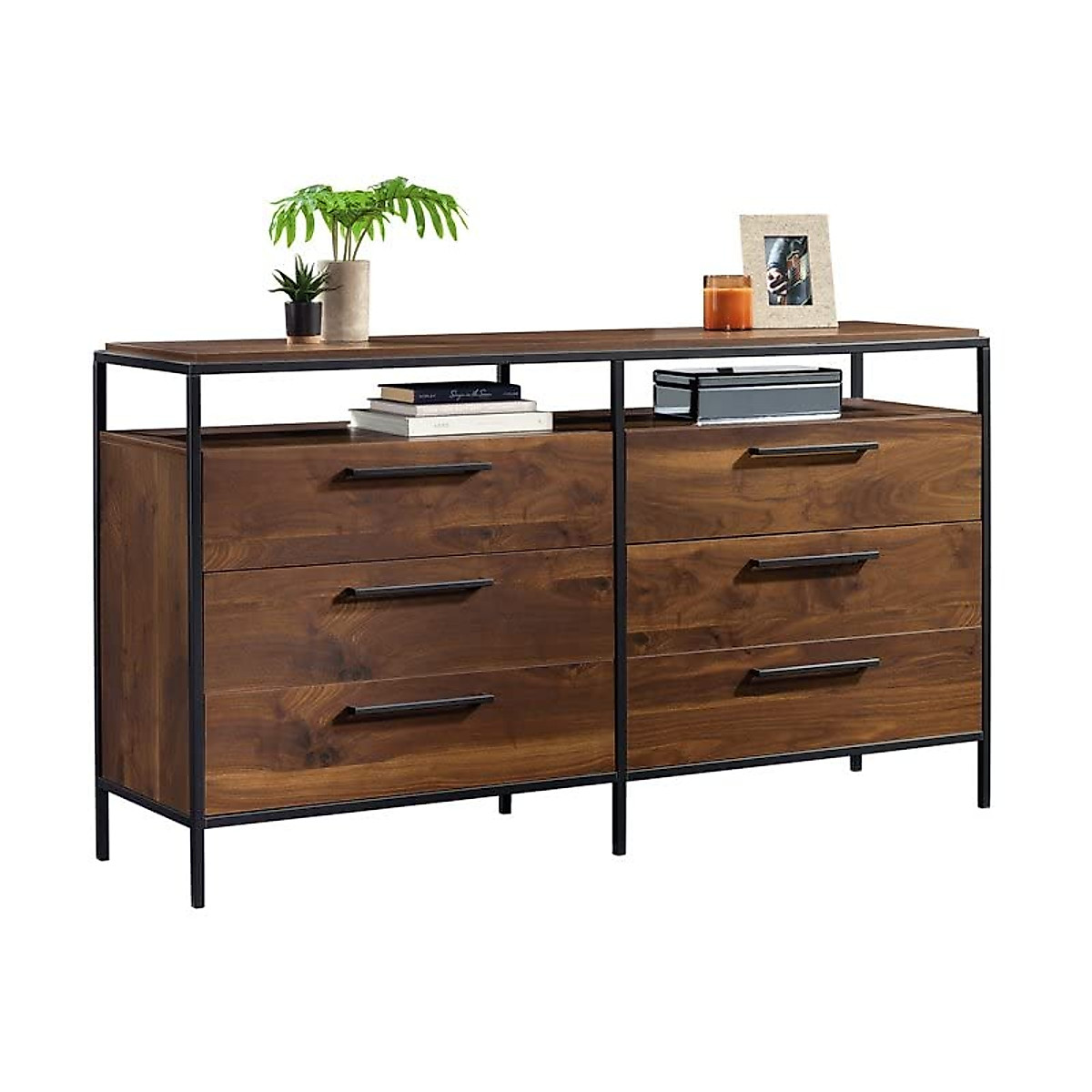 Sauder Nova Loft 6-Drawer Bedroom Dresser with Open Shelf, Grand Walnut Finish