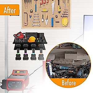 Goyappin 2 Tier Power Tool Organizer for Garage, Stainless Steel Metal Wall-Mounted Tool Holder Rack With 4 Drill Charging Slots and Shelf for Workshop Garage