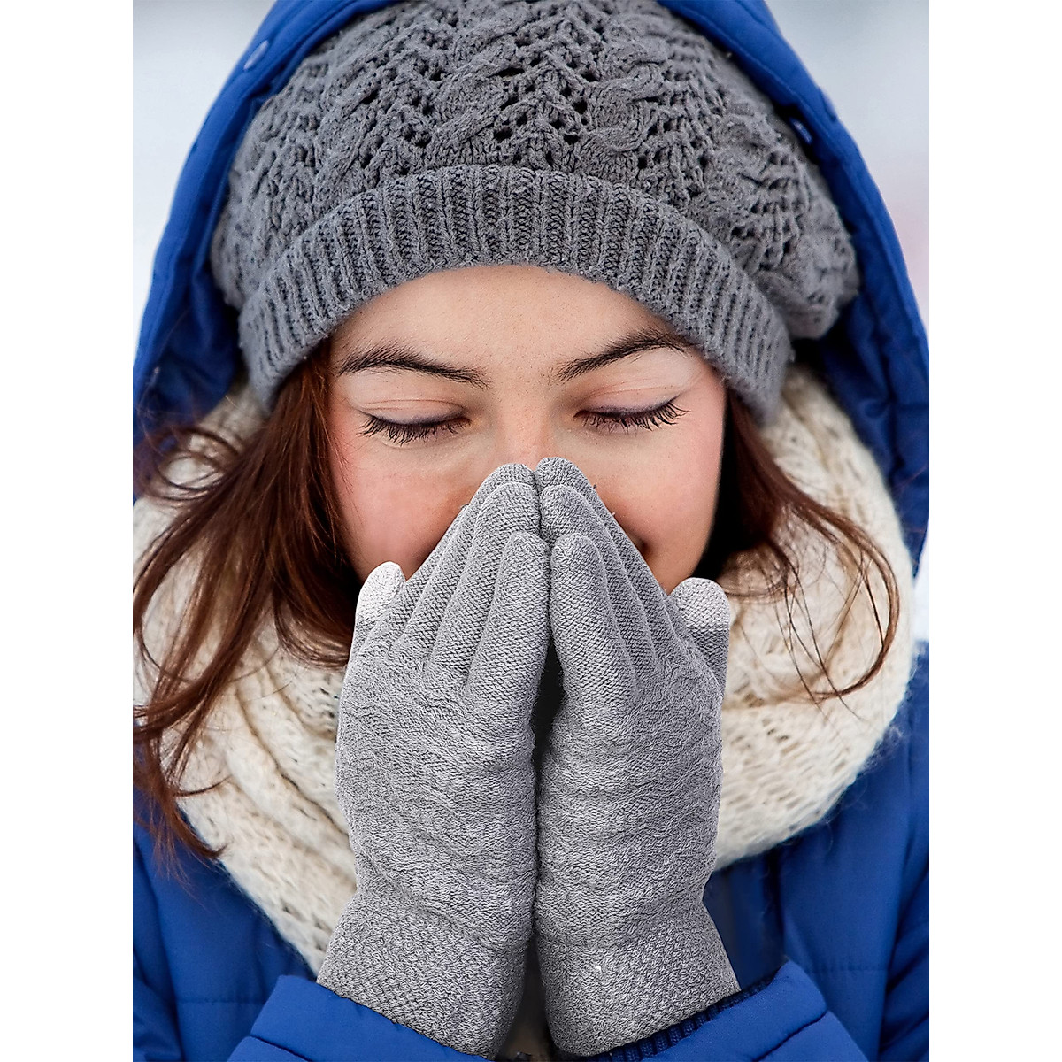 KUTTOR 3 Pairs Women's Winter Knit Plush Gloves Touch Screen Gloves Thermal Cable Knit Wool Fleece Lined Touchscreen Mittens