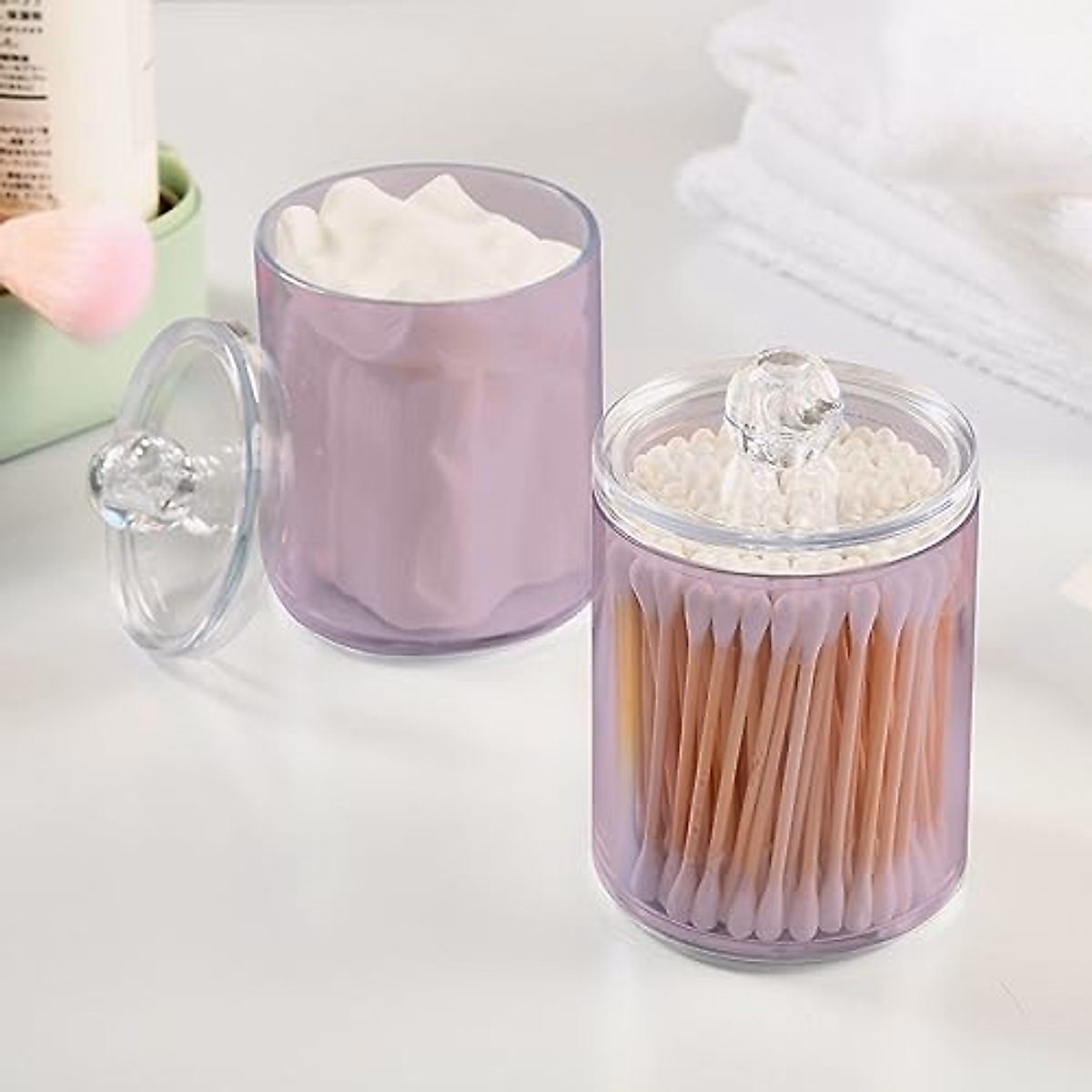 Gredecor 2 Pack Qtip Holder Organizer Dispenser Clear Thistle Purple Bathroom Storage Canister Cotton Ball Holder Bathroom Containers for Cotton Swabs/Pads/Floss