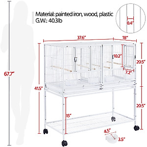Topeakmart Divided Breeder Bird Cage for Parakeet Canary Lovebird Finch Budgie with Detachable Rolling Stand, White