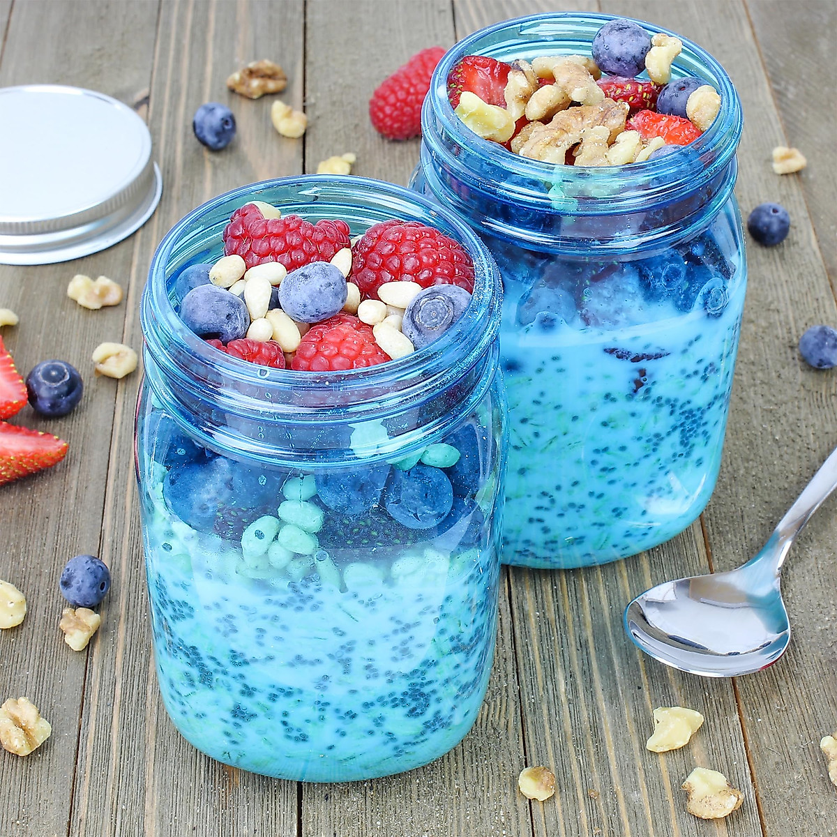 Cornucopia Brands 16oz PLASTIC Mason Jars (8-Pack, Blue w/Silver Metal Lids); PET BPA-Free Mason Jars w/One Piece Lids, 2-Cup/Pint Capacity