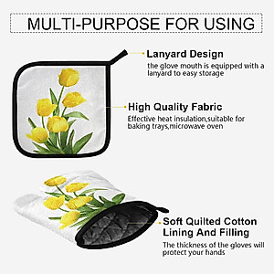 Spring Yellow Tulips Oven Mitts Pot Holder Set Bouquet Flowers Kitchen Decor Cooking Stove Gloves Heat Resistant Hot Pads Recycled for BBQ Baking Grilling
