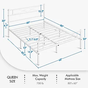 Yaheetech Metal Queen Size Bed Frame, Platform Bed Frame, Mattress Foundation with Curved Design Headboard & Footboard, NO Box Spring Needed, Heavy-Duty Support, Easy Assembly, Queen, White
