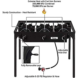 TYNAWYNW New version & Stronger Outdoor Camp Stove, Portable Burner Propane Stove with Metal Legs & Stand, propane burner for Outdoor Cooking, Safer High Pressure Propane Gas Cooker (Three Burner)