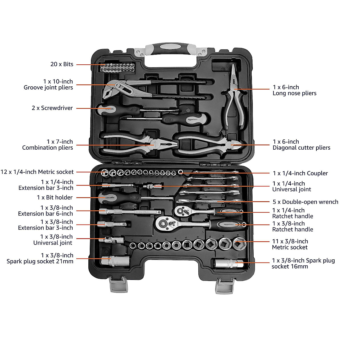 Amazon Basics 65-Piece General Household Home Repair and Mechanic's Hand Tool Kit Set, Black