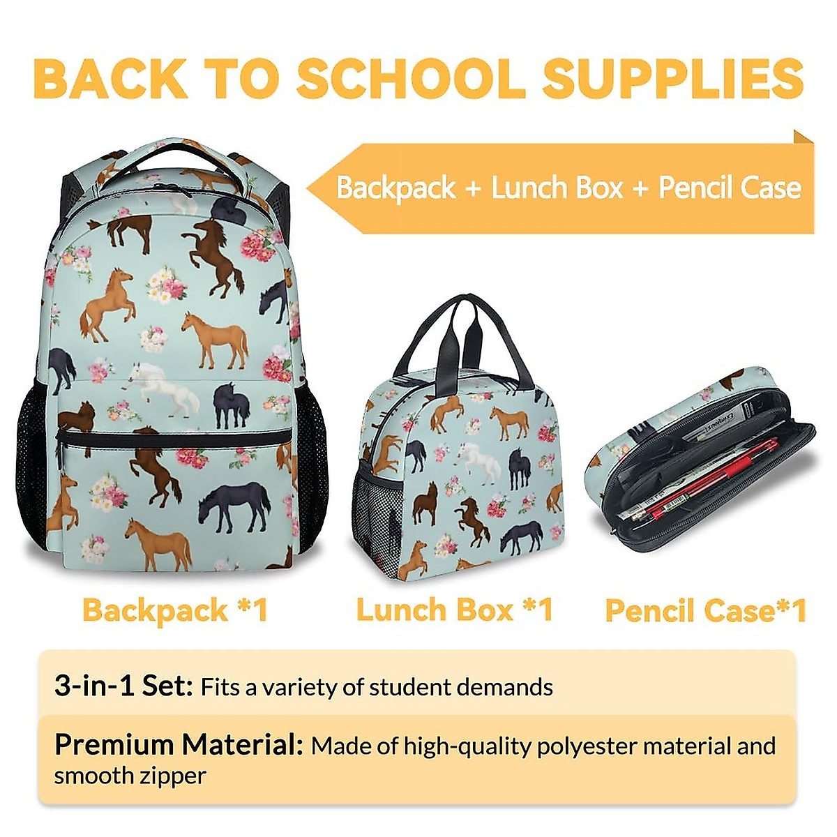 Mercuryelf Horse for Women Backpack with Lunch Box Set, 3 in 1 School Backpacks Matching Combo, Aesthetic Mint Green Bookbag and Pencil Case Bundle