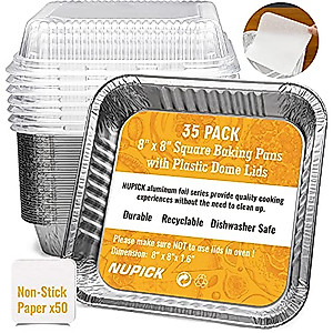 NUPICK 35 Pack 8 inch Square Baking Cake Pans with Plastic Lids and Non-Stick Paper (50 Sheets), Disposable Aluminum Foil Food Containers