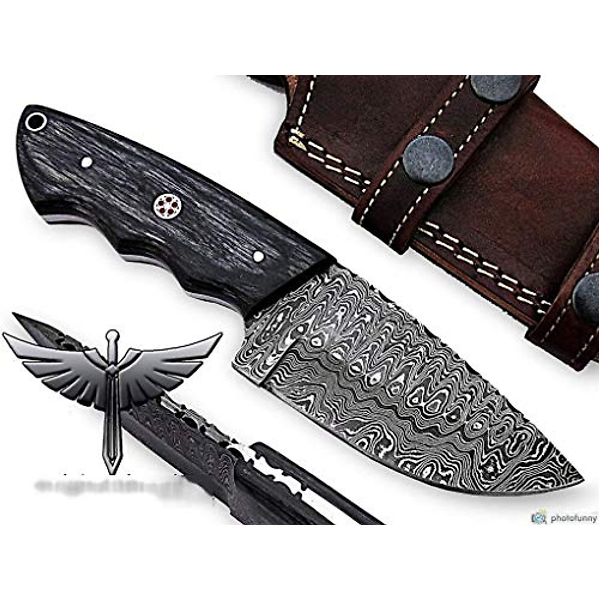 ONLYHANDMADE Handmade Damascus Knife with Exotic Wood Handle and Genuine Leather Sheath, 7.75” Length with Full Tang Fixed Blade for Hunting, Skinning, and Camping, Heavy Duty Steel (Black Wood)