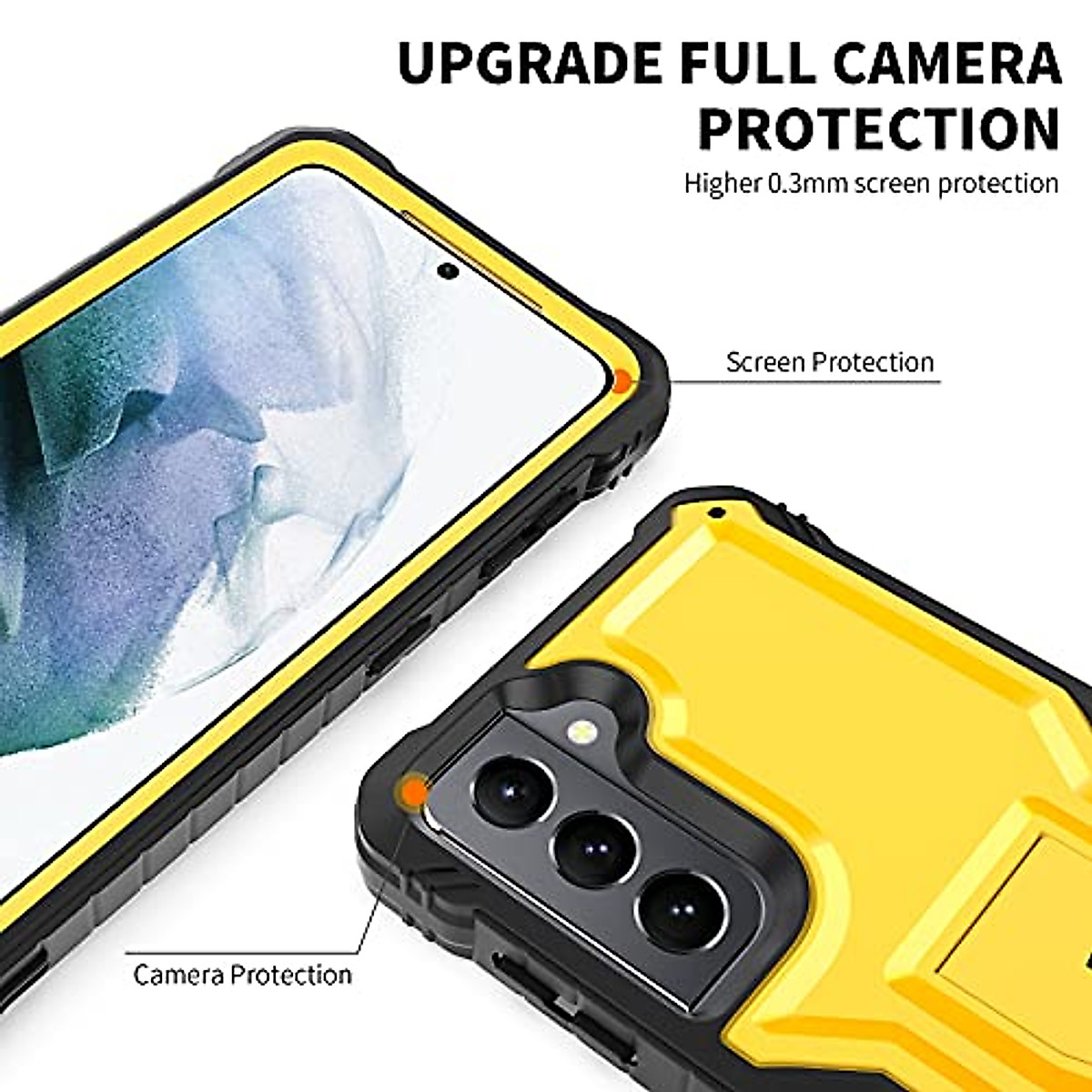 DUOPAL for Samsung Galaxy S21 5G Case [Not Plus or Ultra], Military Grade Protection Shockproof Case with Tempered Glass Screen Protector and Kickstand Compatible with Samsung S21 5G 6.2 Inch (Yellow)