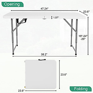 Folding Table, 4 FT Heavy Duty Plastic Foldable Table with Carrying Handle, Adjustable Height Portable Party Tables for Garden Party Picnic Camping BBQ Dining Kitchen Wedding Market Events