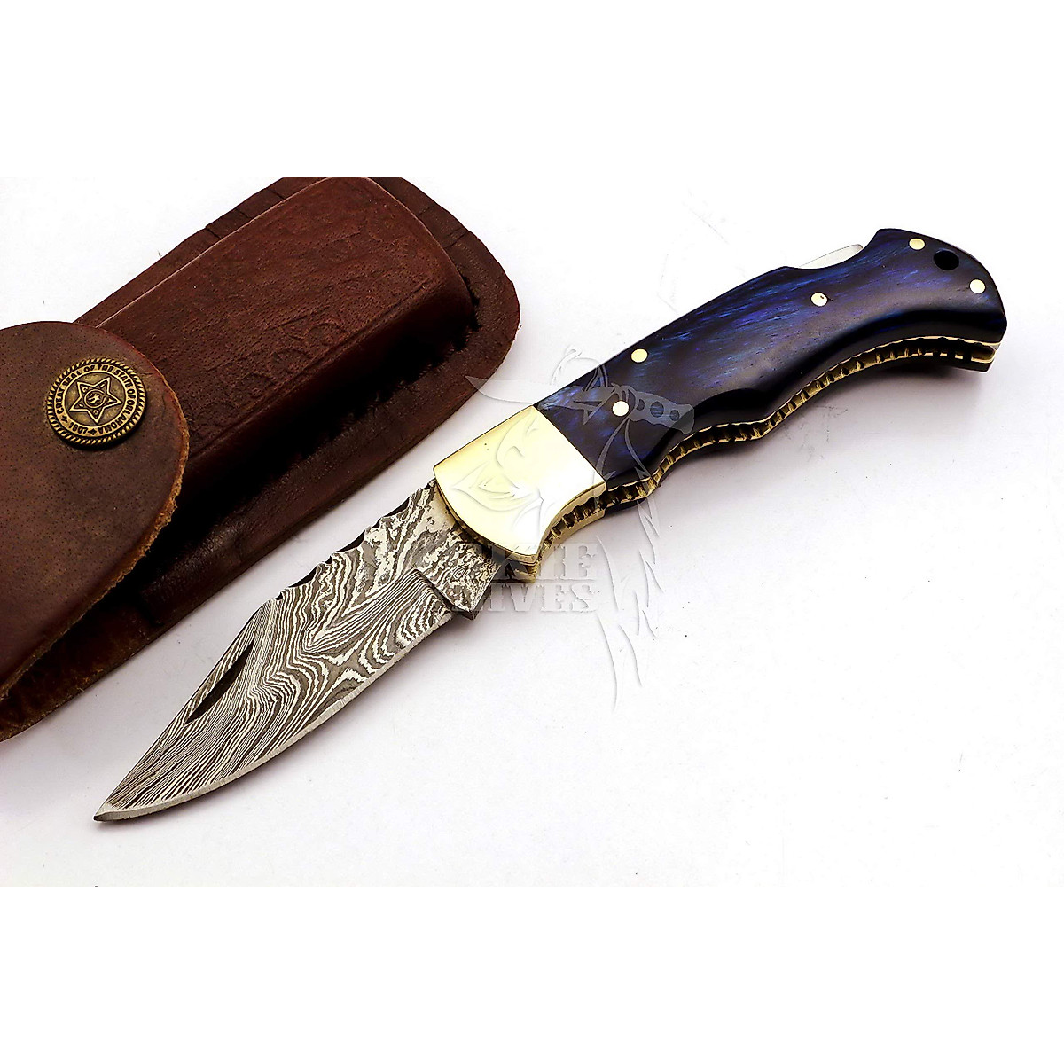 Skokie Knives Custom Hand Made Damascus Steel Hunting Folding Knife Handle Pakka Wood