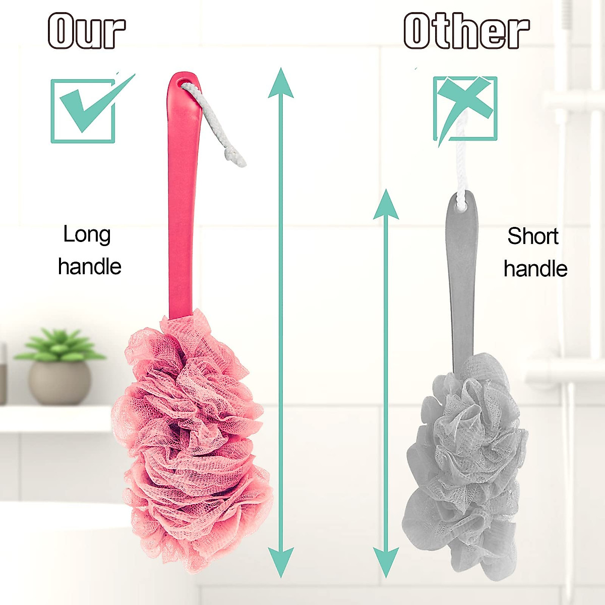Back Scrubber for Shower, Qewro Loofah on a Stick as Shower Brush Exfoliating Body with Long Handle, Loofah Sponge Mens Loofah Bathing Accessories for Women (2Pack Blue) (4Pack Blue and Pink)