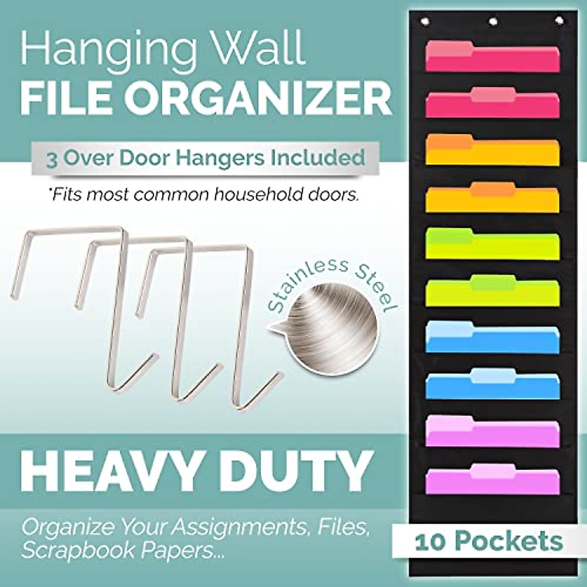 Heavy Duty Storage Pocket Chart for classroom and Office, 10 Pockets, 3 Over Door Hangers Included, Hanging Wall File Organizer for File Folders, School Mailbox, Home/Office Papers & More (Black)