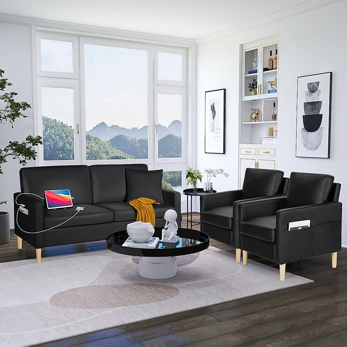 TYBOATLE Modern PU Leather Living Room Furniture 2 Pieces Sectional Sofa Couches Sets, Loveseat w/ 2 USB Charging Ports and Comfy Accent Arm Chairs for Small Space, Apartment, Office, Studio (Black)