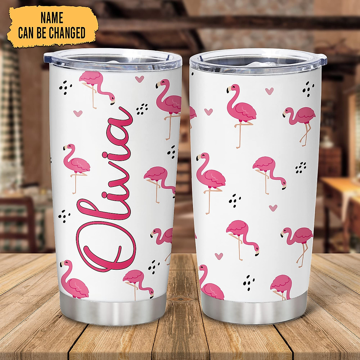 Hyturtle Personalized Gifts For Flamingo Lover - Birthday Christmas -Flamingo Print Custom Name Stainless Steel Tumbler 20oz With Straw Lid - Flamingo Lover Gifts For Her Women Girl
