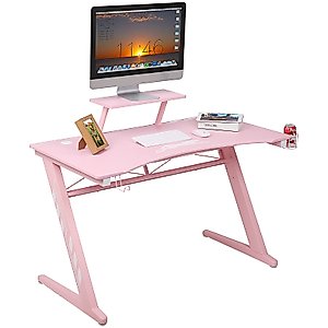 ErgoDesign Gaming Desk with Z Shaped Legs, Professional Game Work Station, PC Gamer Table with Stand Cup Holder & Headphone Hook (White/Pink)