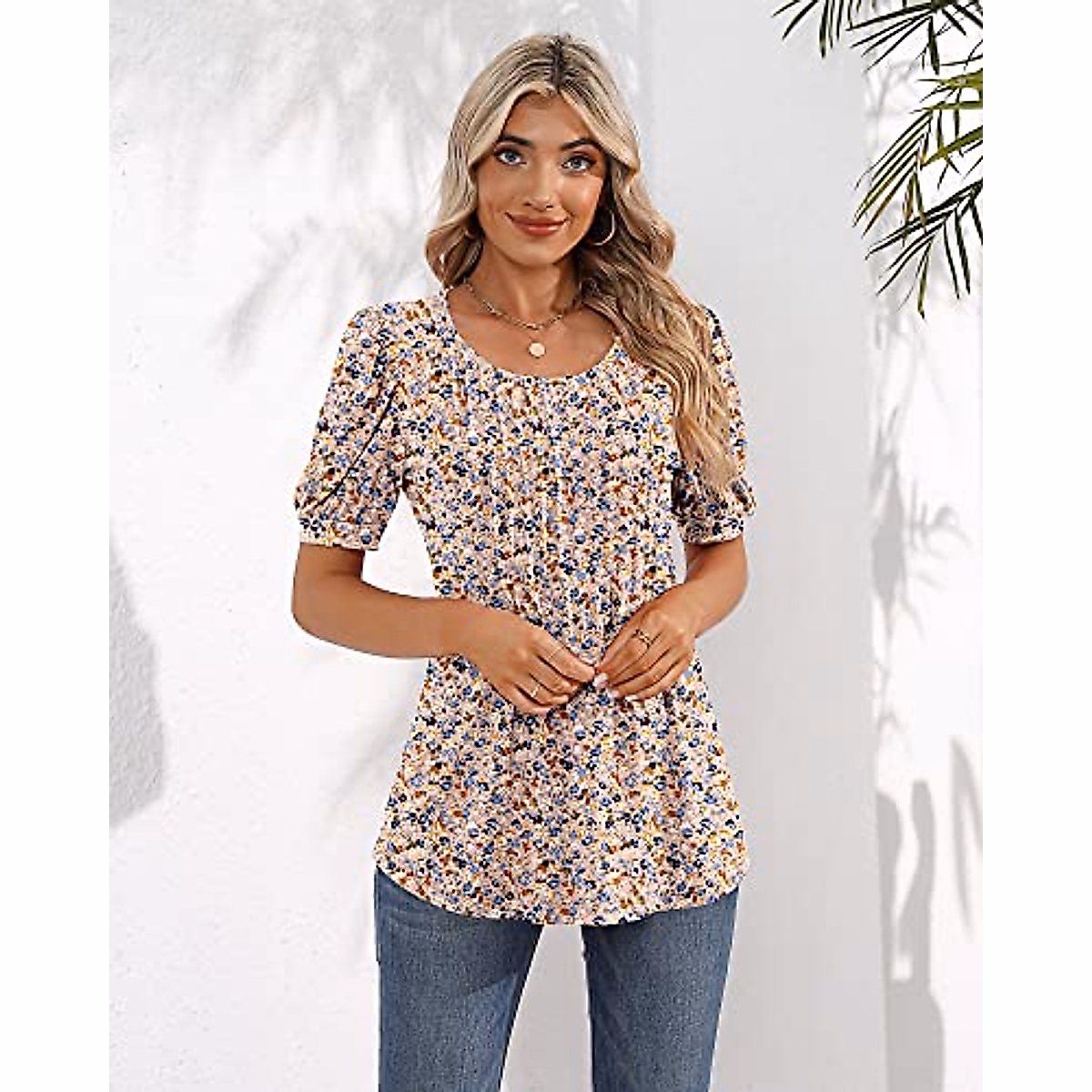 Ficerd Women's Puff Short Sleeve Tunic Tops Pleated Crew Neck Blouses Dressy Casual Loose Spring and Summer T-Shirts (Pink Flower, Medium)