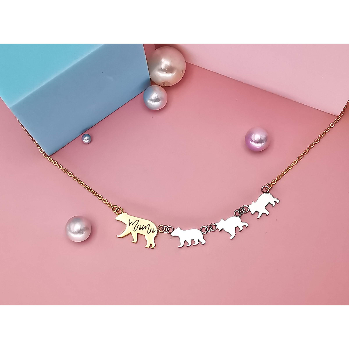 Beffy Mama Bear Necklace with 3 Three Cubs for Women, Mom Daughter Pendant for Mothers Day Birthday Christmas