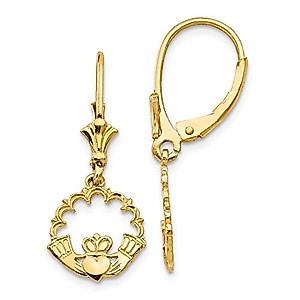 14K Yellow Gold Heart Love Irish Claddagh Celtic Circle Round Drop Dangle Earrings Jewelry