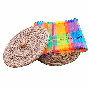 MEXTEQUIL - Authentic Mexican Tortilla Warmer Basket - Pine Needle Handwoven with Handloomed Cloth (Natural 7" w cloth)
