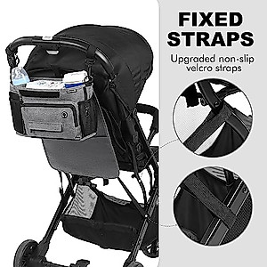 kookoomia Universal Stroller Organizer with Cup Holder, Baby Stroller Caddy Organizer with Extra Storage Bag and Shoulder Strap, Pockets for Phone, Keys and Toys, Large Compacity, Fits Most Strollers