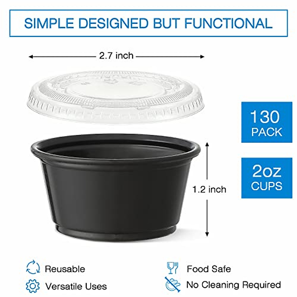 [130 Sets - 2 Oz ] Black Plastic Portion Cups, Jello Shot Cups, Small Plastic Containers with Lids, Airtight Salad Dressing Container, Dipping Sauce Cups, Condiment Cups for Lunch, Party to Go, Trips