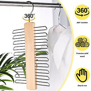 BigOtters Wooden Tie Hanger, Hanging Tie Holder Tie Organizer for Closet Tie Rack Necktie Belt Hanger 20 Hooks 360°Rotating for Scarf Belt