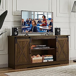 Okvnbjk Farmhouse TV Stand for 65+ Inch TV, Wood Entertainment Center with Sliding Barn Door, with Storage Cabinet & Adjustable Shelves, Media TV Console for Living Room Bedroom, Dark Walnut