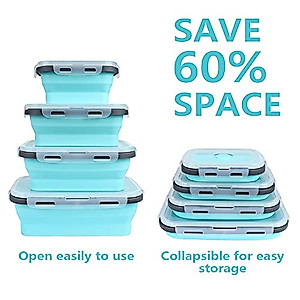 VIGIND Set of 4 Collapsible Foldable Silicone Food Storage Container, Leftover Meal Box With Airtight Plastic Lids For Kitchen, Bento Lunch Boxes-Microwave, Dishwasher and Freezer Safe