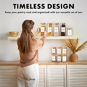 Square Glass Storage Containers with Bamboo Lids 12-Pack (4x 30 oz, 8x 17 oz) Airtight Storage Jars with Lids for Food, Stackable Kitchen Canisters with 114 Labels for Pantry [Thicker Glass 3mm]