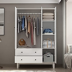 ECACAD Large Wardrobe Armoire with 4-Tier Shelves, 2 Drawers, Hanging Rod & 3 Louver Doors, Wooden Closet Storage Cabinet for Bedroom, White (48”W x 20.2”D x 71”H)