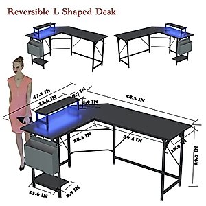 SZXKT Gaming Desk with Monitor Stand and Power Outlets,l Shaped Desk with Storage and LED Lights,Home Office Reversible Corner Computer Desk with Hooks (Black)